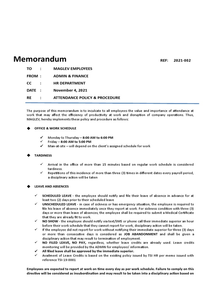 Attendance Policy Memo | PDF | Employment | Economies
