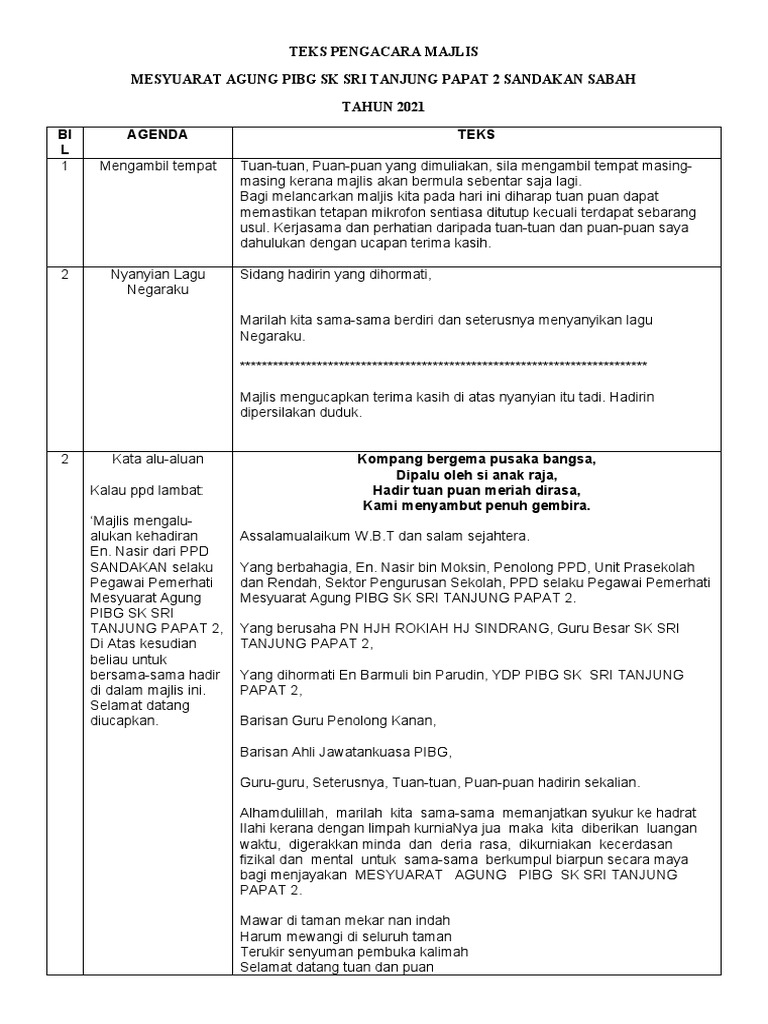 TEKS PENGACARA MAJLIS Mesy Agung Pibg 2021 | PDF