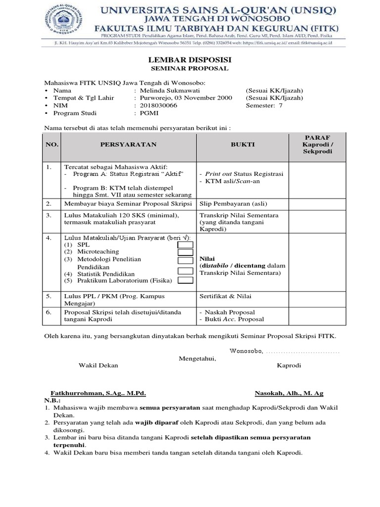 Disposisi Seminar Proposal Skripsi FITK | PDF