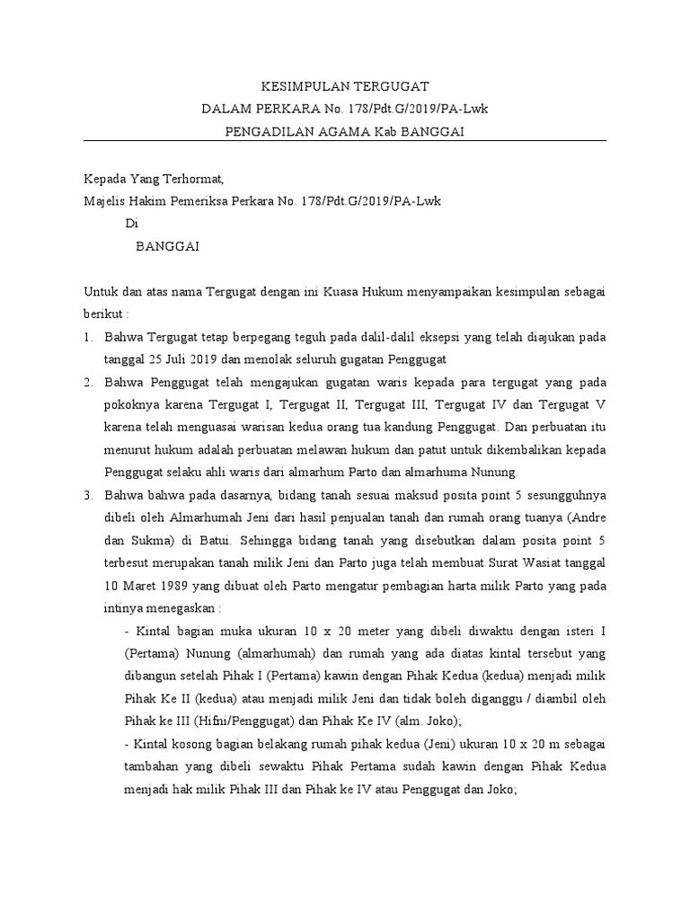 (HAPA) Kesimpulan Tergugat Kel. 1 | PDF