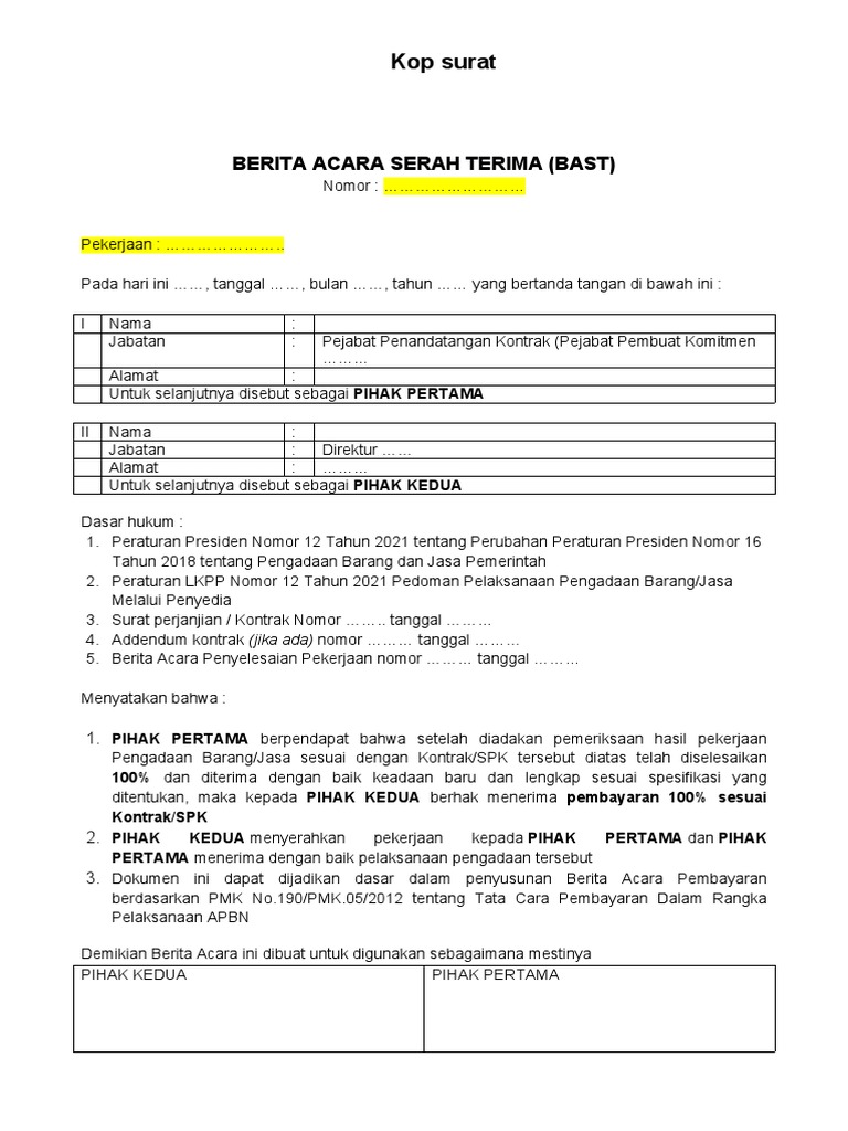 BA Serah Terima BAST Penyedia Ke PPK | PDF