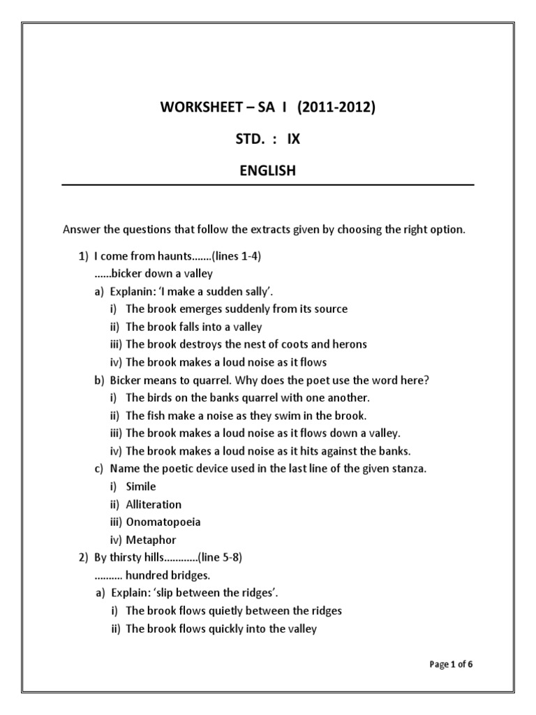 Class 9: The Brook Poem Worksheet | PDF | Poetic Devices | Poetry