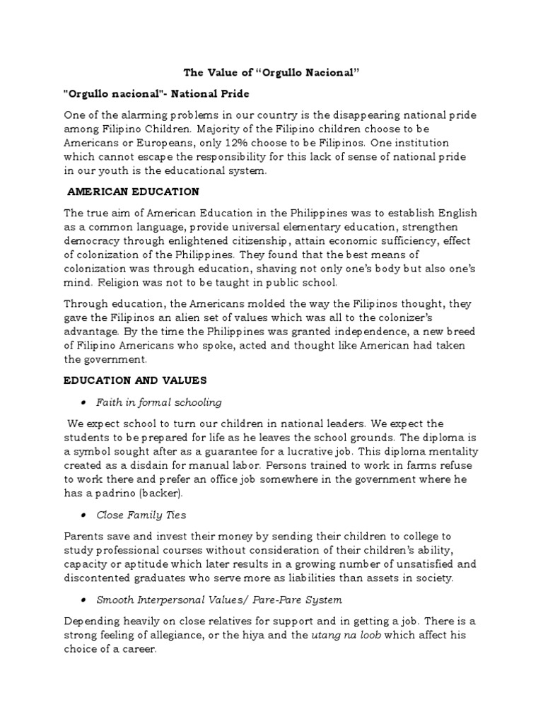 The Value of Orgullo Nacional | PDF | Philippines