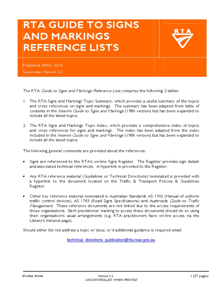 RTA Guide To Signs and Markings Reference Lists - Version 2.2 | PDF ...