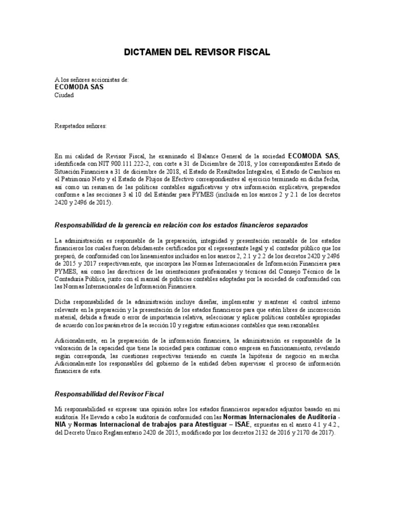 Dictamen Del Revisor Fiscal Ejemplo Pdf Auditoría Contabilidad