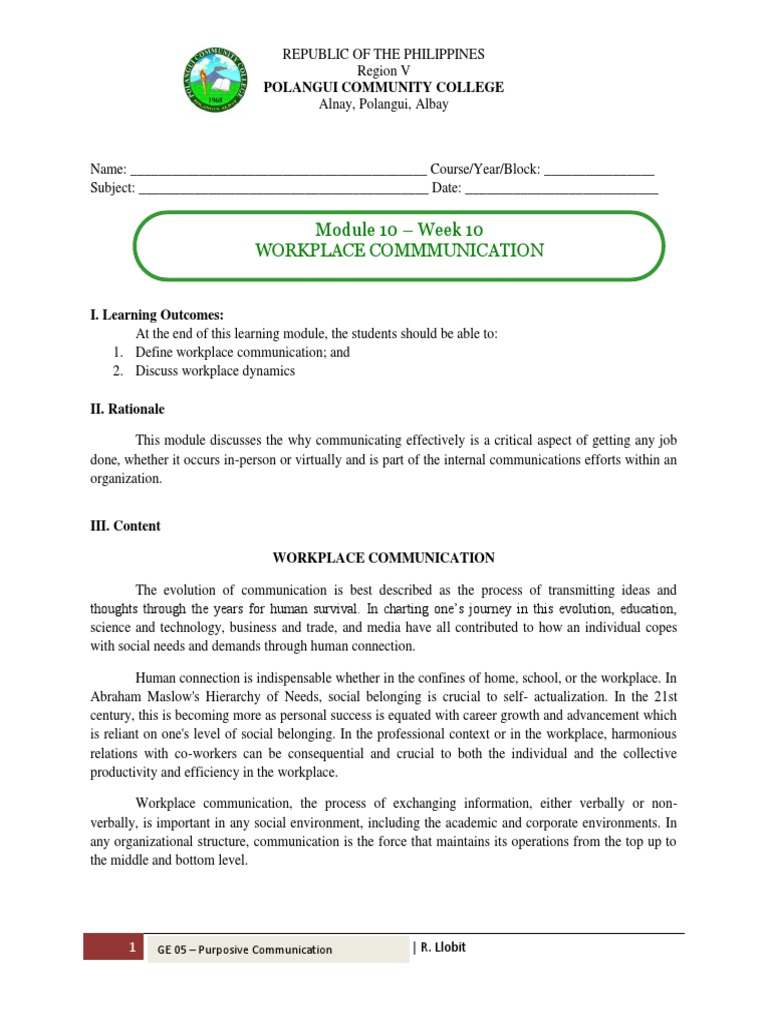 Module 10 - Week 10 Workplace Commmunication: Polangui Community ...