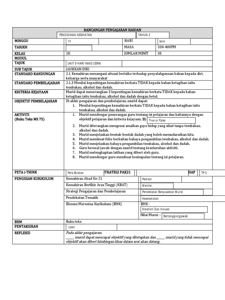 RPH PK Tahun 2 19 April 2021 PDPR | PDF