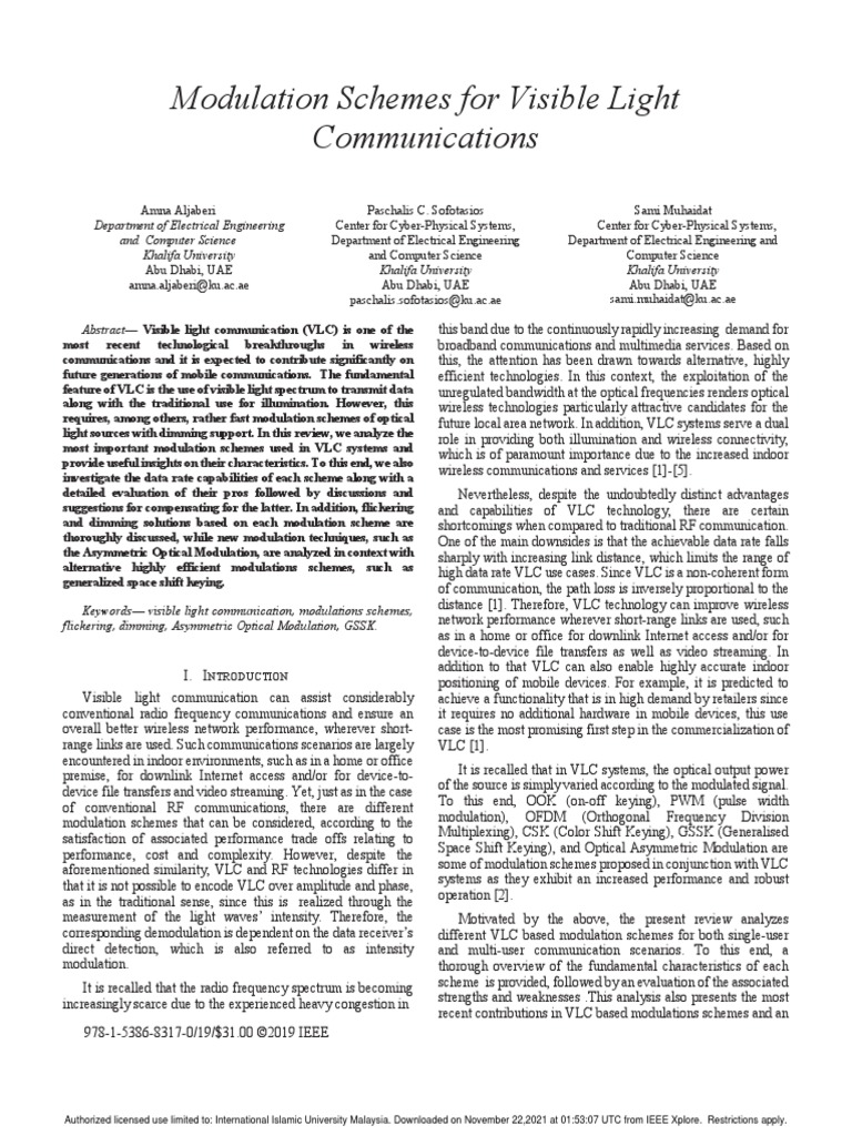 Modulation Schemes For Visible Light Communications Pdf Orthogonal