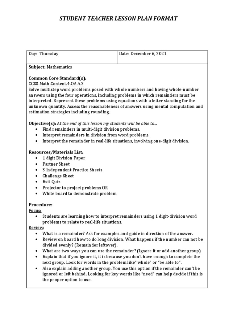 Student Teacher Lesson Plan Format | PDF | Lesson Plan | Dvd