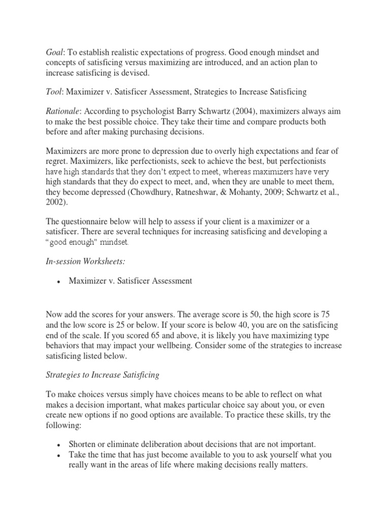 Maximizer v. Satisficer Assessment Guideline | PDF | Applied Psychology ...