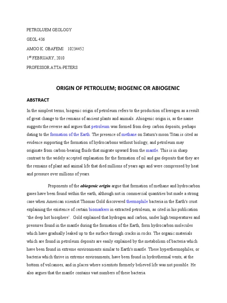 Origin of Petroluem Biogenic or Abiogenic | PDF | Petroleum | Materials