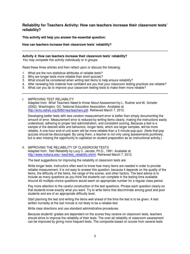 Reliability For Teachers Activity: How Can Teachers Increase Their ...