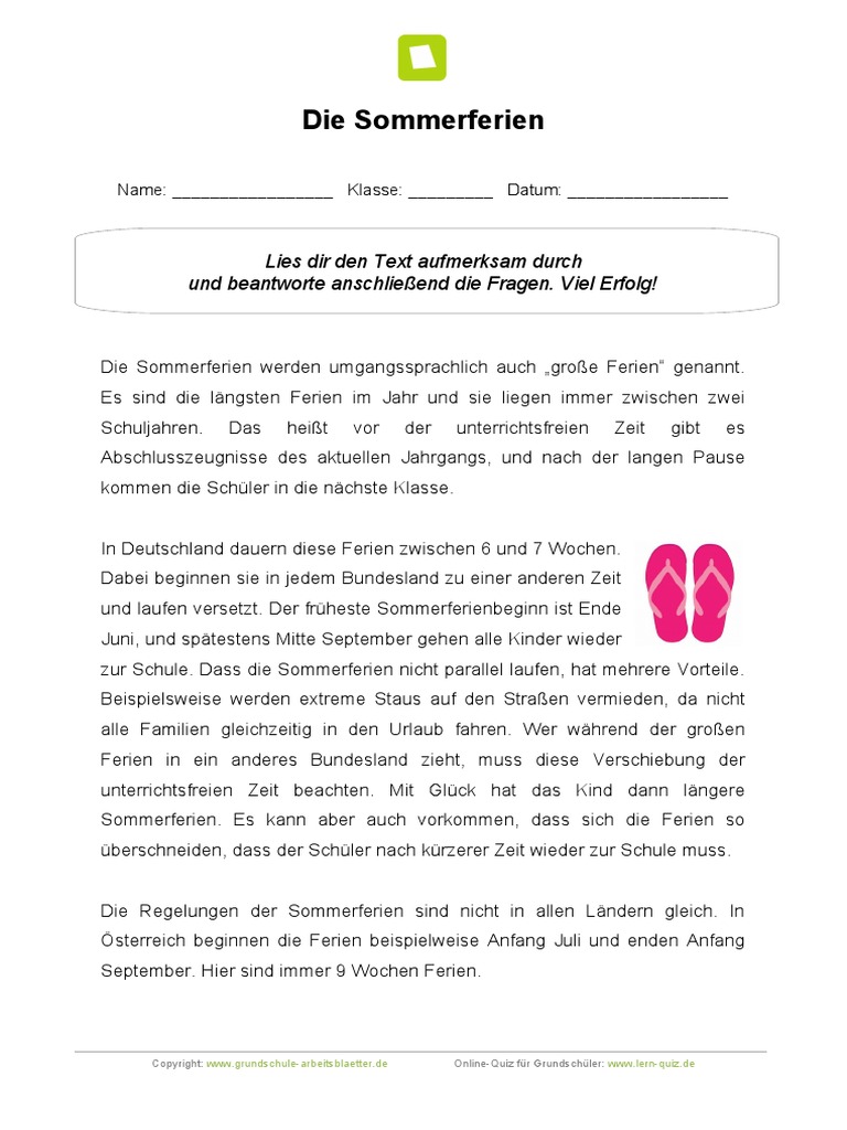 Lesetext Sommerferien | PDF