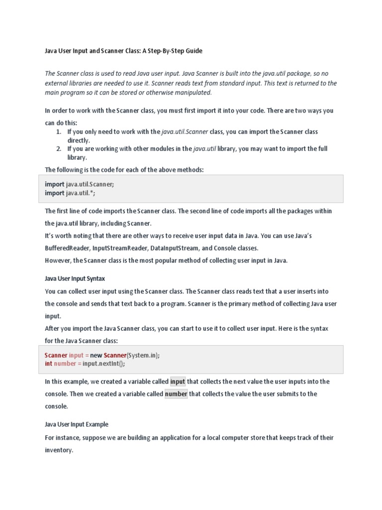 Java User Input And Scanner Class Pdf Integer Computer Science Java Programming Language