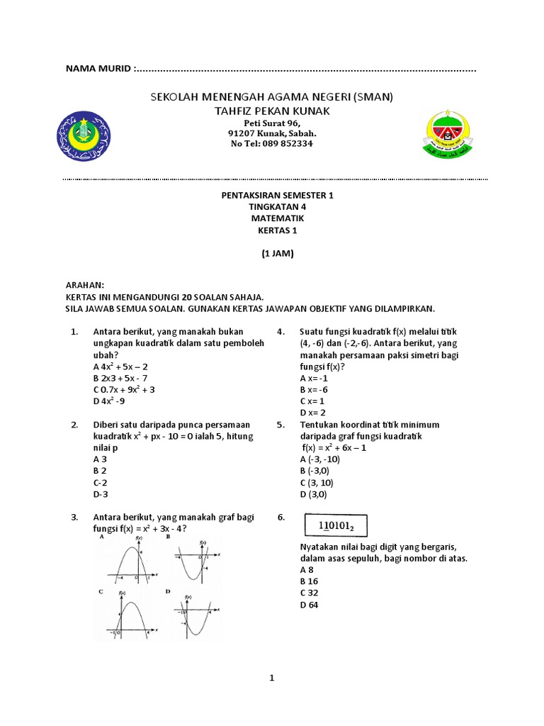 Kertas Exam Math F4 P1 | PDF