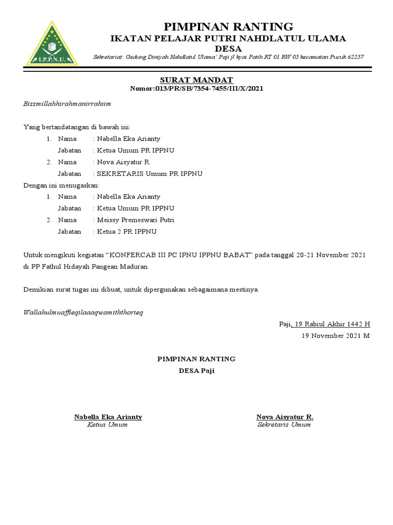 Contoh Surat Mandat Ippnu | PDF