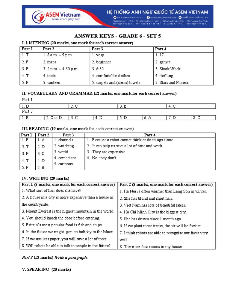 Grade 6 - Set 5 - Answer Keys | PDF | Teaching Methods & Materials