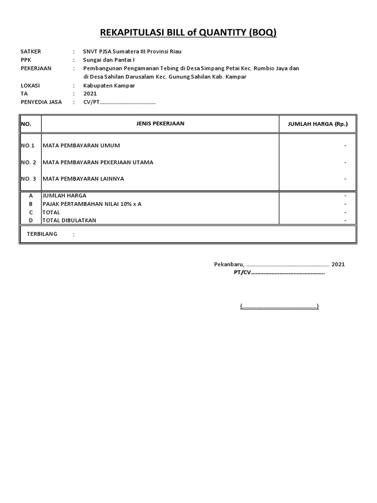 Rekapitulasi Bill of Quantity (Boq) : NO. Jumlah Harga (RP.) Jenis ...
