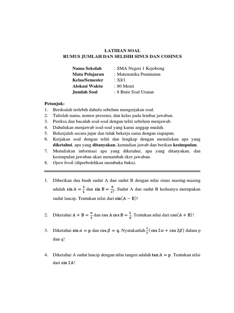 Latihan Soal Rumus Jumlah Dan Selisih Sinus Dan Cosinus | PDF