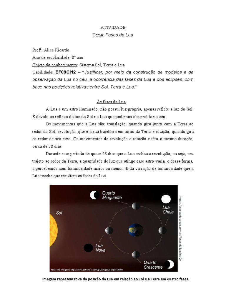 Atividade 8o Fases-Da-Lua Completo | PDF | Lua | Terra