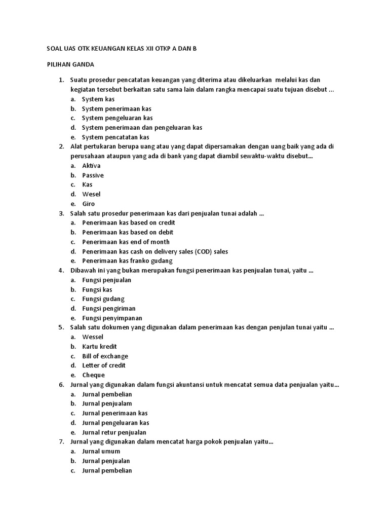 Soal Uas Otk Keuangan Kelas Xii Otkp A Dan B | PDF