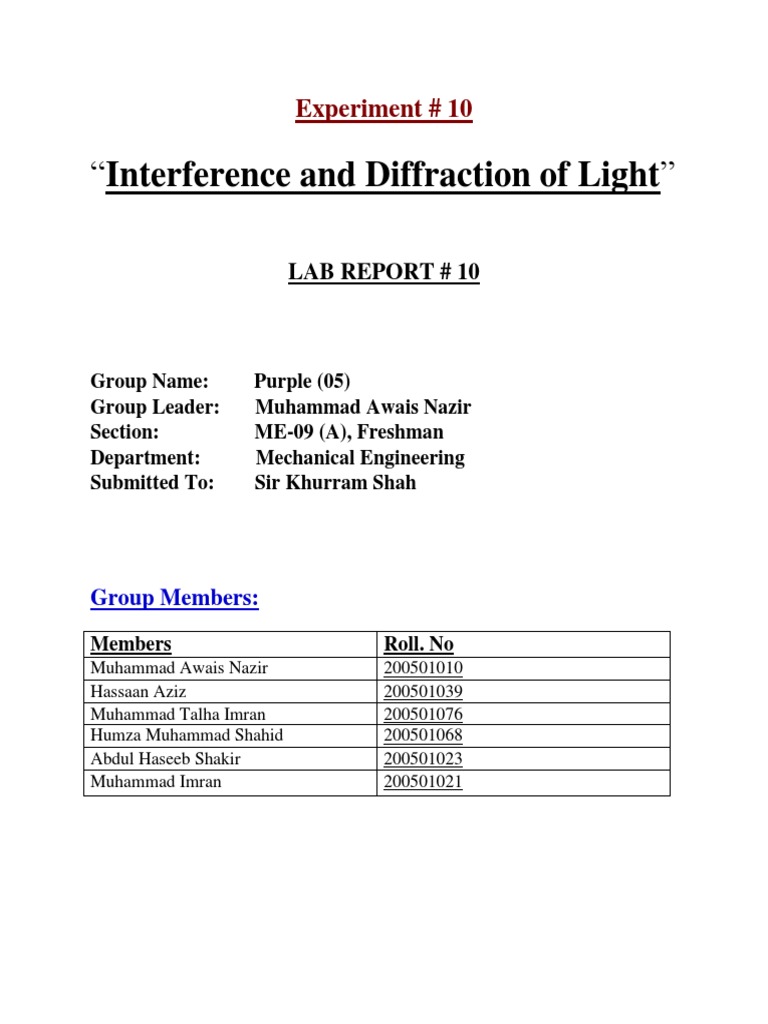 Lab Report 10 | PDF | Diffraction | Wavelength