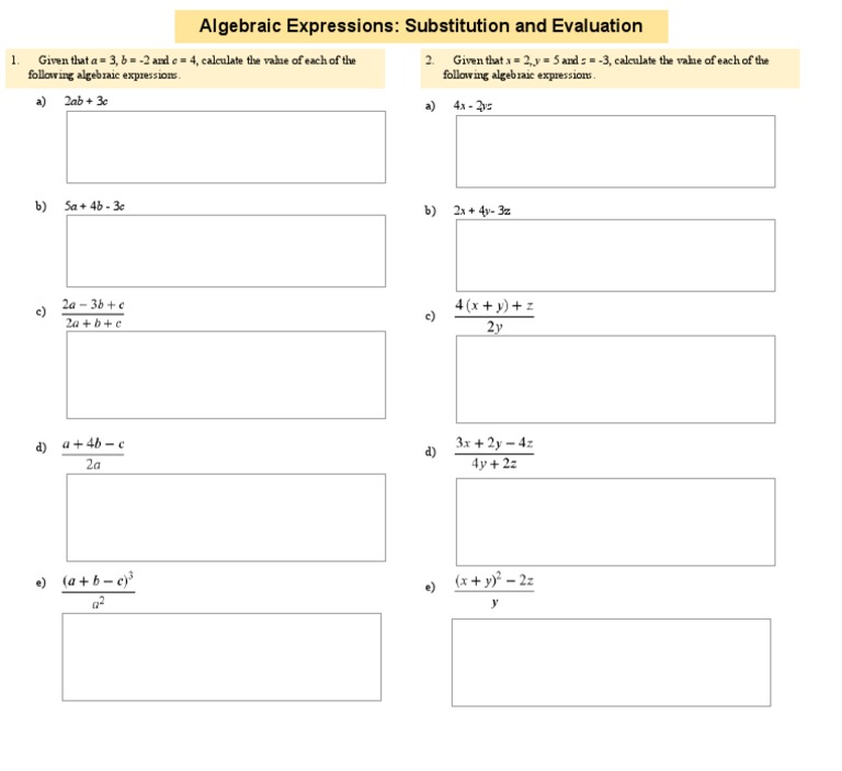 Algebraic Expressions - Substitution and Evaluation (Template) | PDF