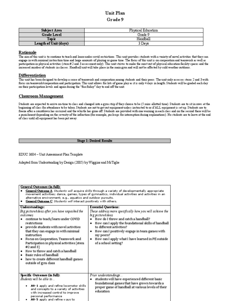 Grade 9 Handball Unit Plan | PDF | Physical Education | Sports