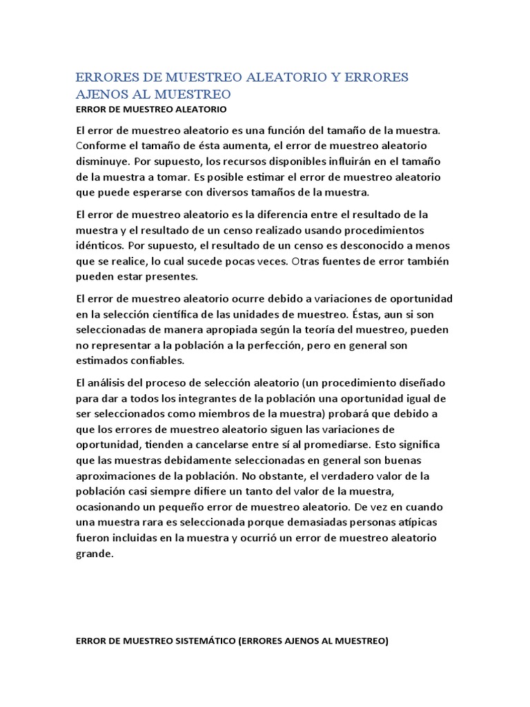Errores de Muestreo Aleatorio y Errores Ajenos Al Muestreo | PDF ...