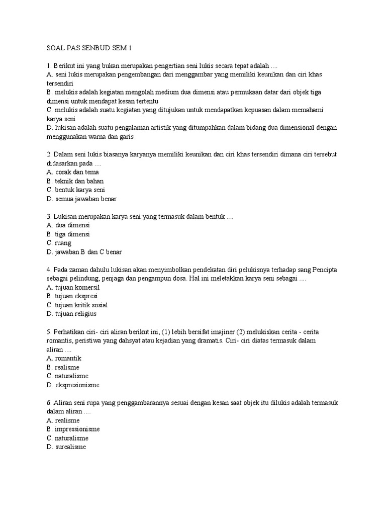 Soal Pas Senbud Sem 1 | PDF | Seni