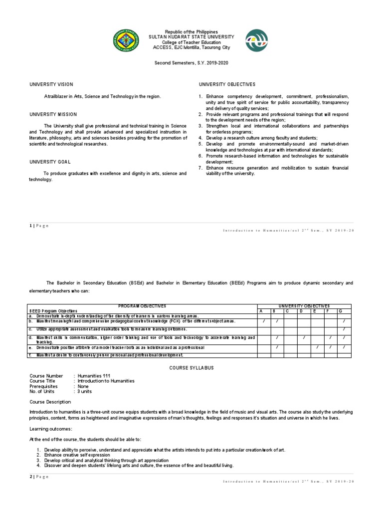 Humanities Syllabus | PDF | Educational Assessment | Learning