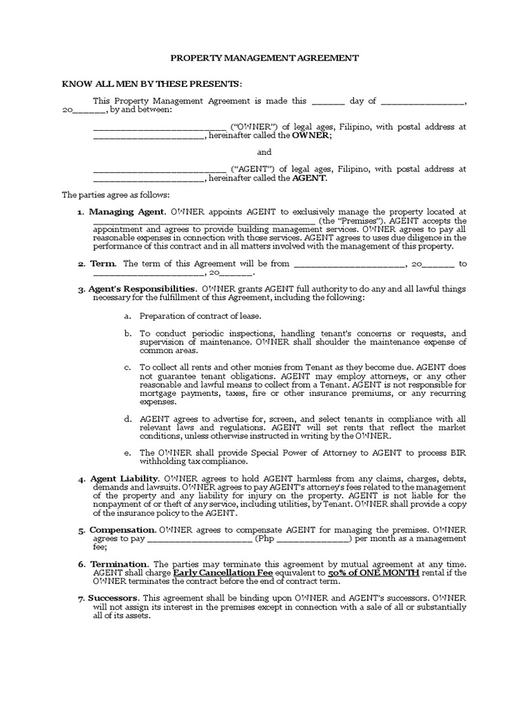 Property Management Agreement Template | PDF | Legal Liability ...
