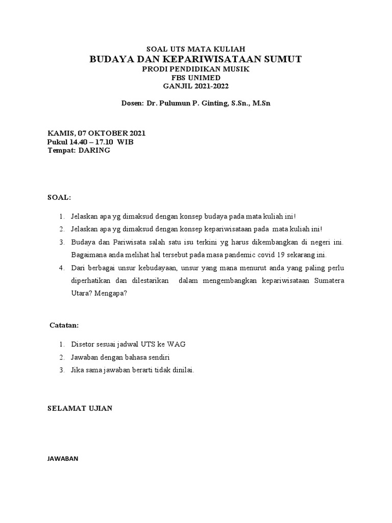 UTS Budaya & Pariwisata Sumut | PDF