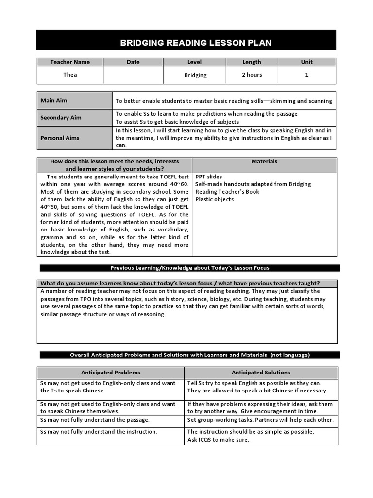 Bridging Reading Unit 1 Lesson Plan | PDF | Educational Assessment ...