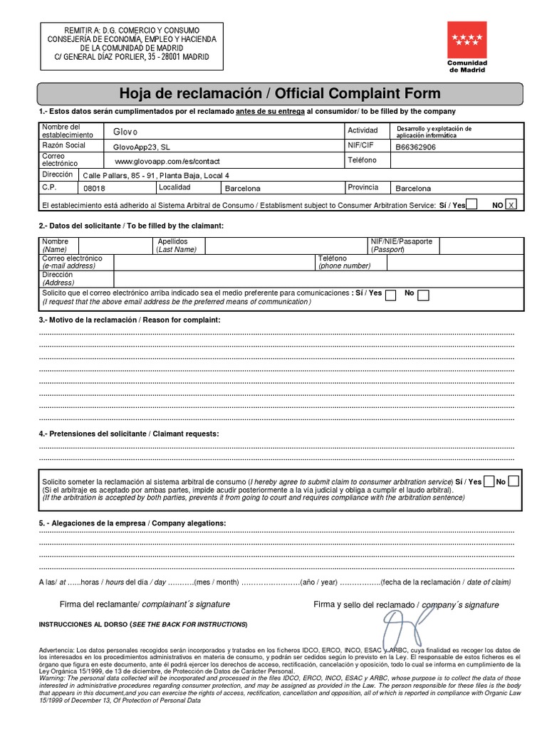 Hoja de Reclamación Oficial - Comunidad de Madrid | PDF | Derecho ...