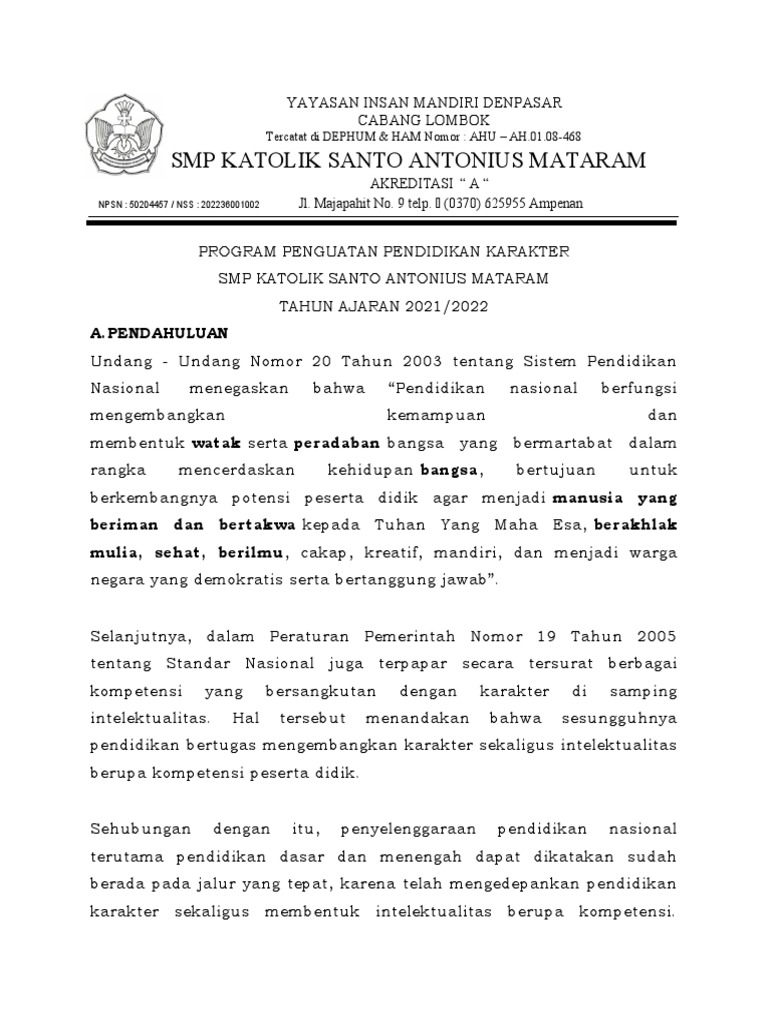 Contoh PROGRAM PENGUATAN PENDIDIKAN KARAKTER | PDF