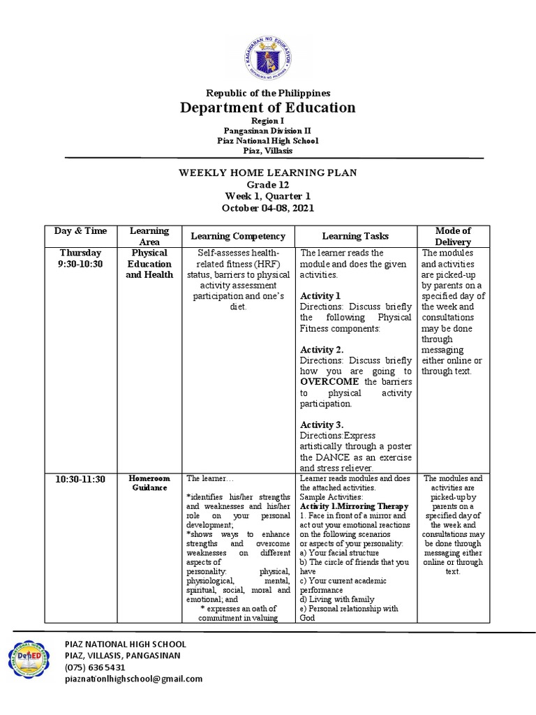 Grade 12 Weekly Learning Plan: PE & Guidance | PDF | Learning ...