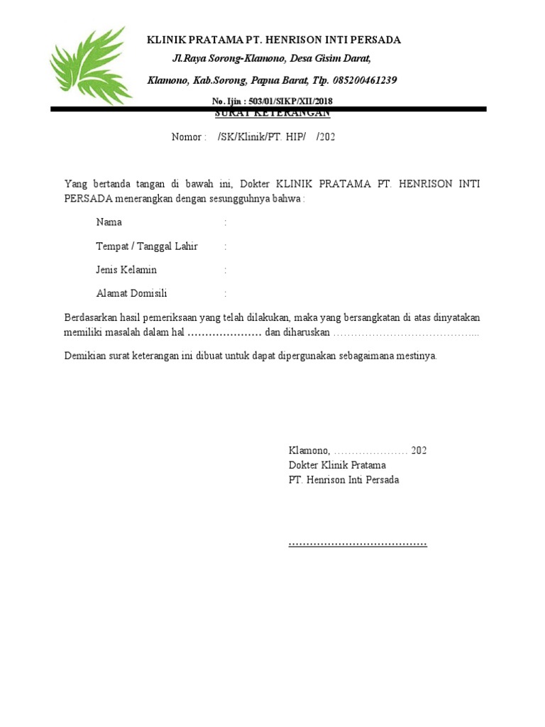 Surat Keterangan Klinik Pratama Henrison | PDF | Kesehatan Holistik