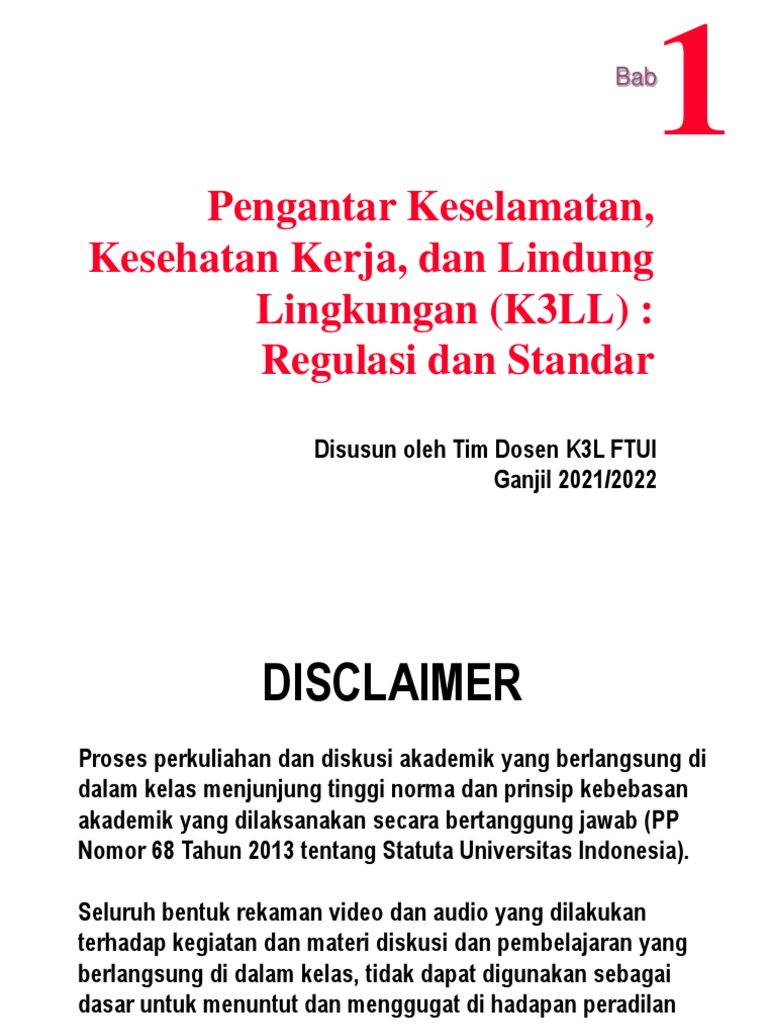 Bab 1 Pengantar K3L - Regulasi Dan Standar - 2021 | PDF