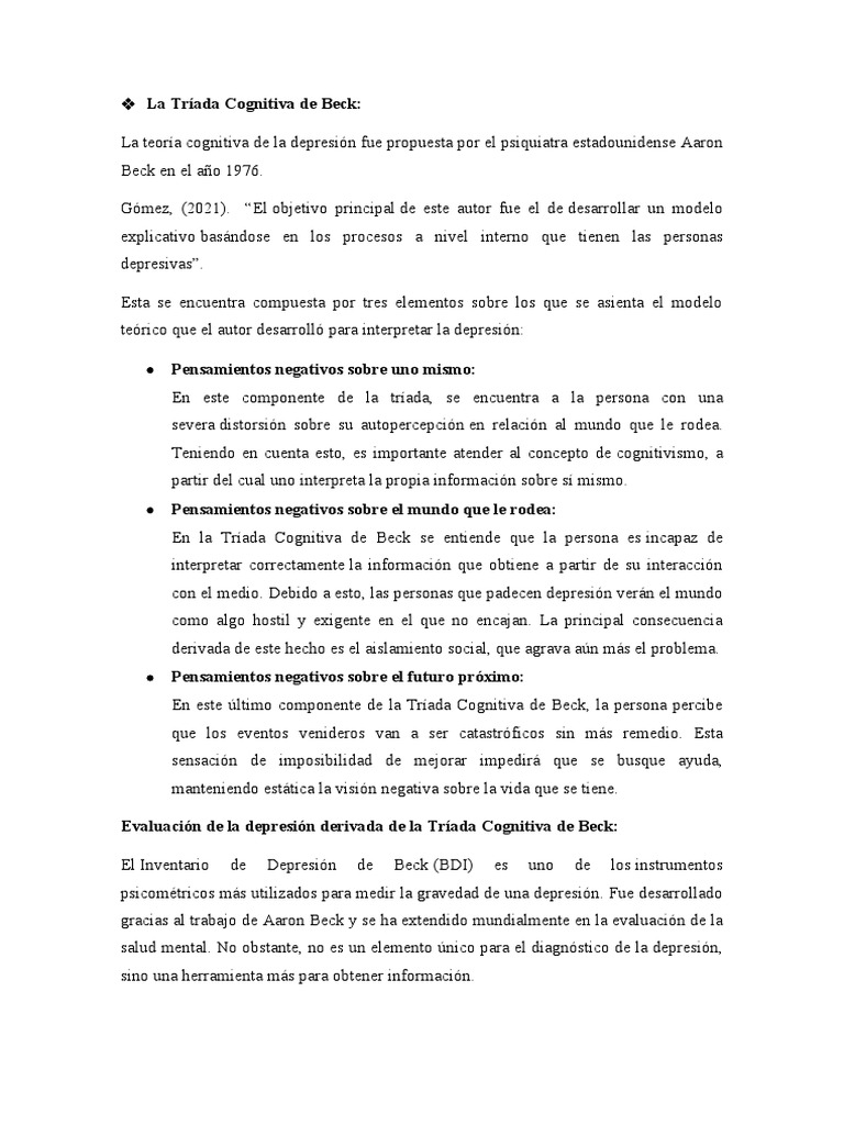 Tríada Cognitiva de Beck: Depresión | PDF | Depresión (estado de ánimo ...