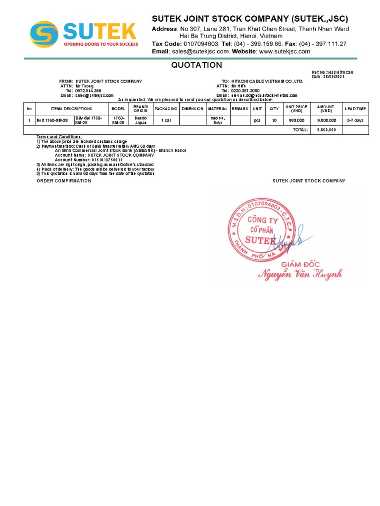 Quotation: Order Comfirmation Sutek Joint Stock Company | PDF | Service Industries | Financial ...
