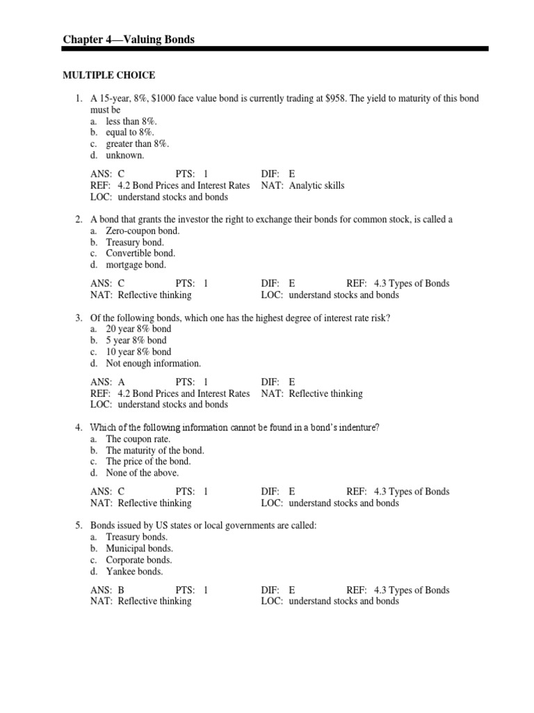 Bond Valuation Multiple Choice Quiz | PDF | Bonds (Finance) | Yield Curve
