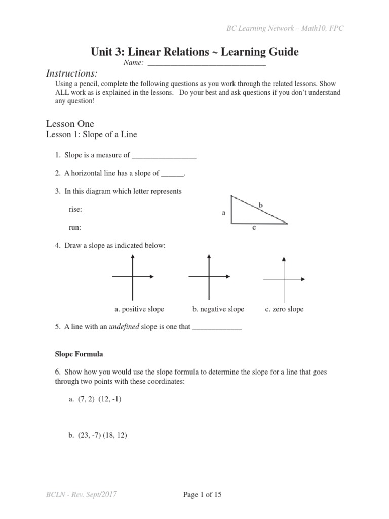 Unit 3: Linear Relations Learning Guide: Instructions | PDF | Slope | Mathematics