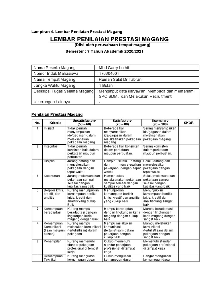 Form Penilaian Magang Dari Perusahaan | PDF