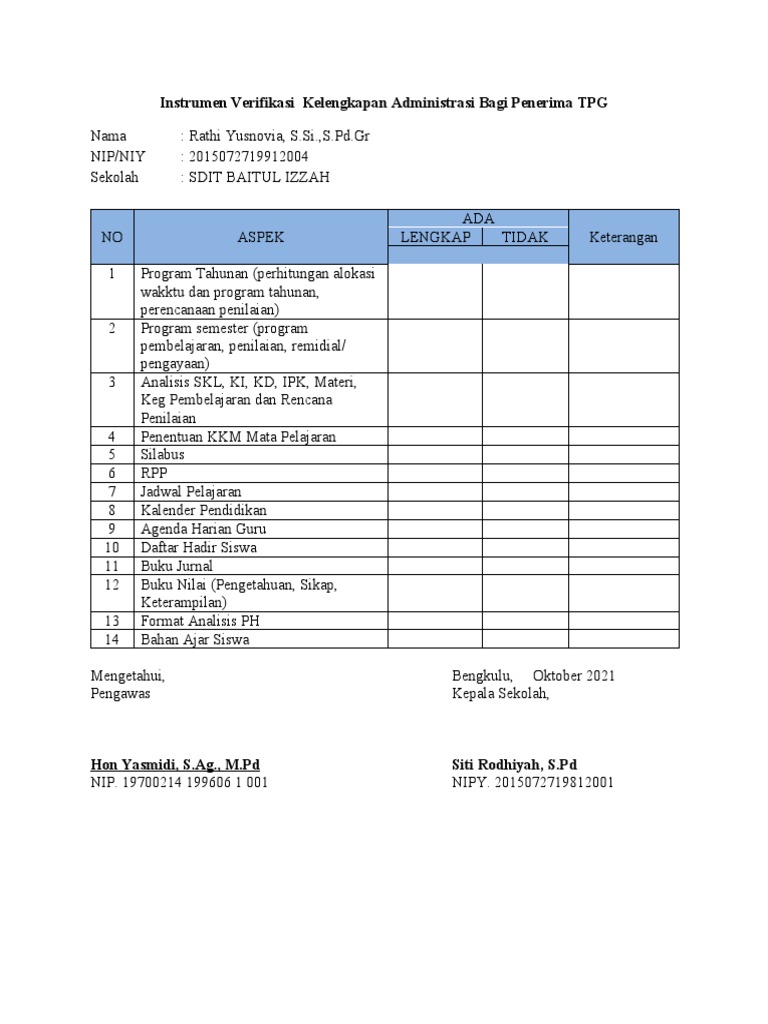 Instrumen Verifikasi Kelengkapan Administrasi Bagi Penerima TPG | PDF | Karier & Perkembangan ...
