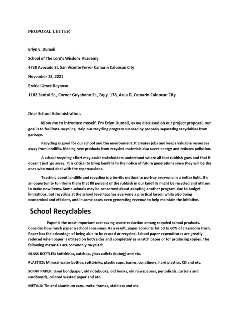 School Recyclables: Proposal Letter | PDF | Recycling | Waste