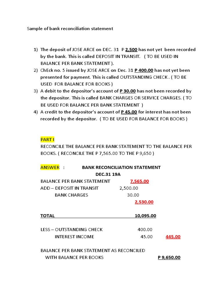 Bank Reconciliation Statement Example | PDF | Deposit Account | Banks