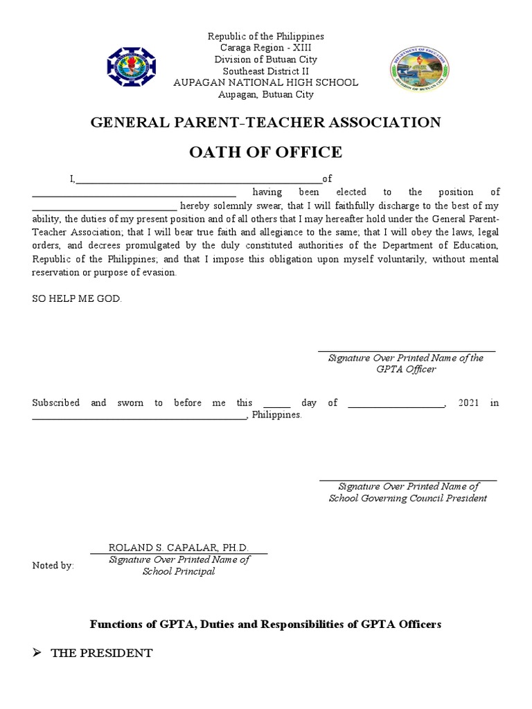 Oath of Office: General Parent-Teacher Association | PDF | Oath Of ...