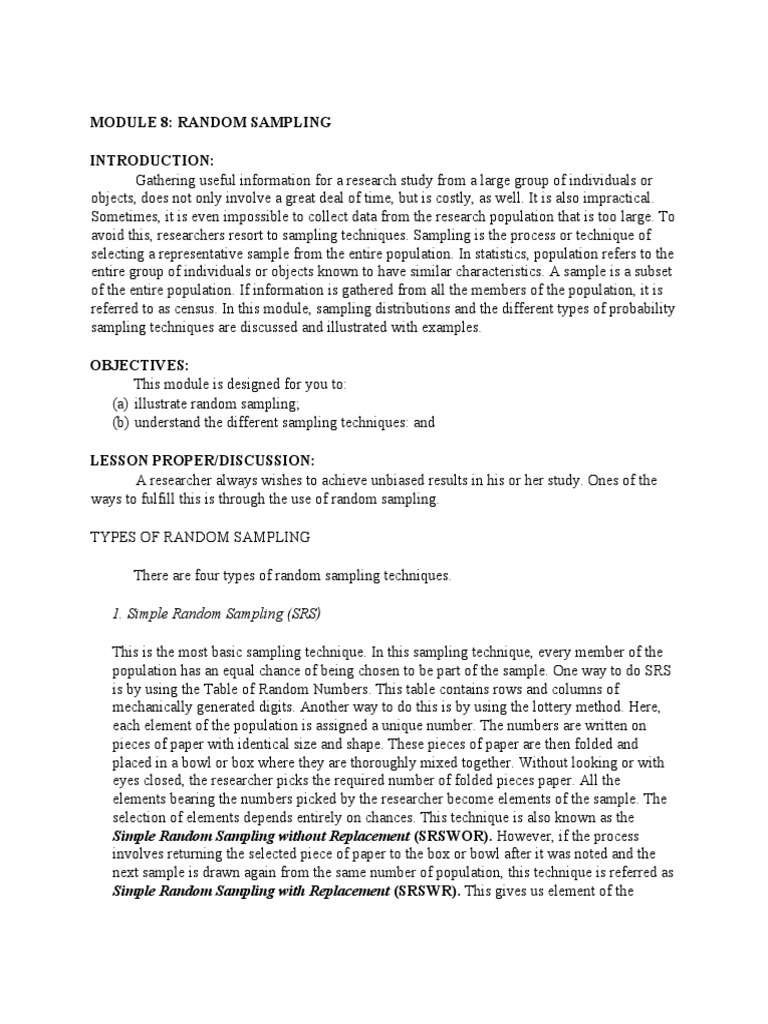 Statistics and Probability RANDOM SAMPLING | PDF | Sampling (Statistics) | Randomness