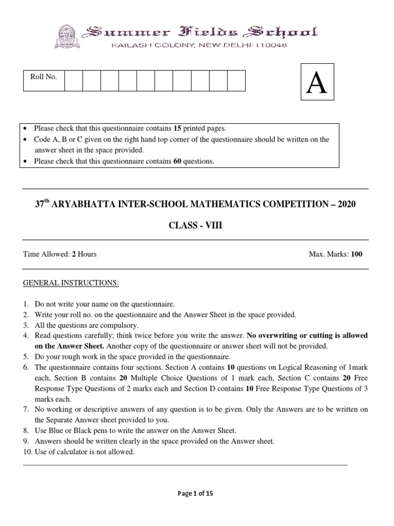 37 Aryabhatta Inter-School Mathematics Competition - 2020 Class - Viii | PDF | Area | Triangle